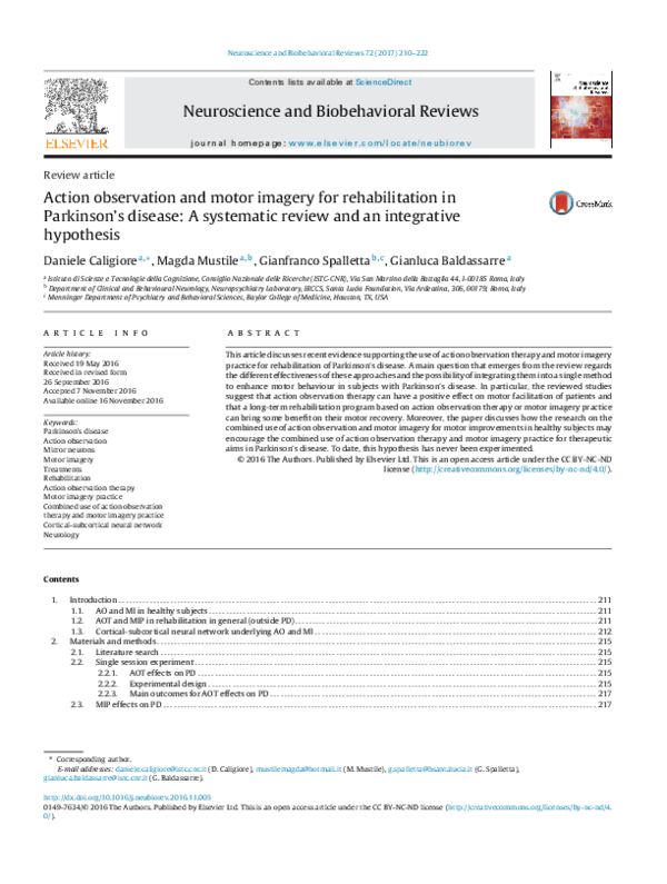 (PDF) Action observation and motor imagery for rehabilitation in Parkinson's disease: A ...