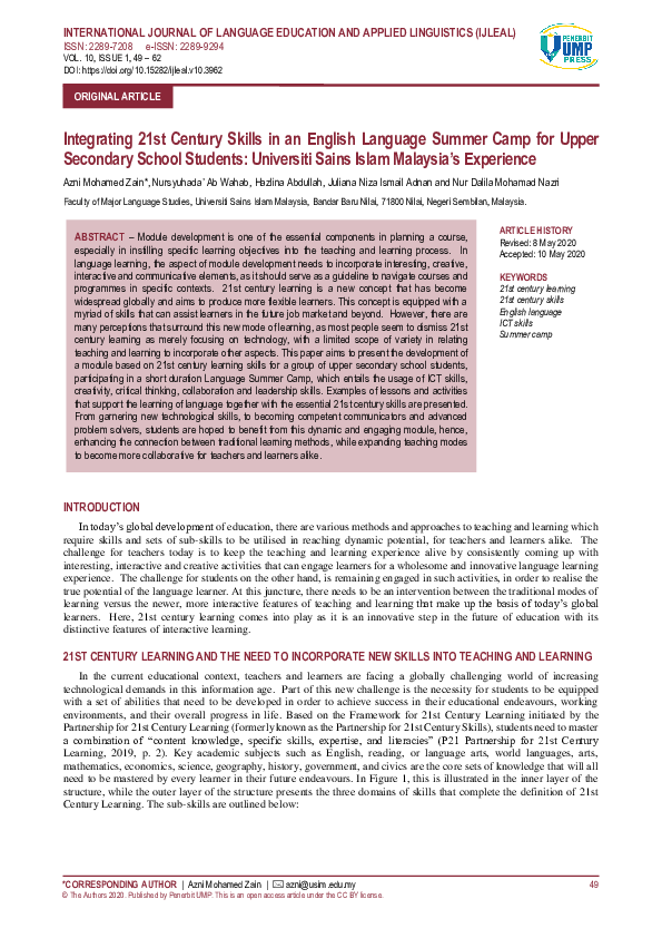 (PDF) Integrating 21st Century Skills in an English Language Summer Camp for Upper Secondary ...