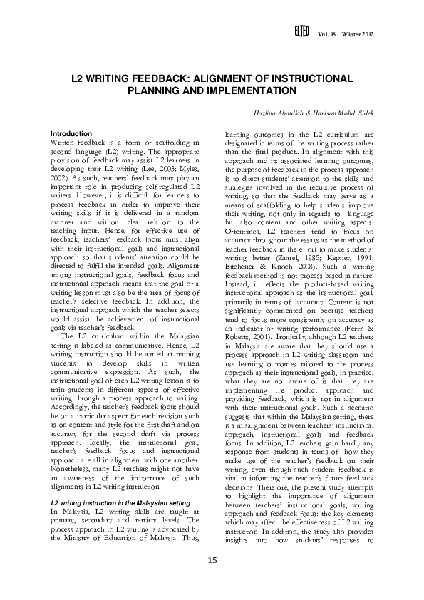 (PDF) L2 Writing Feedback: Alignment of Instructional Planning and ...