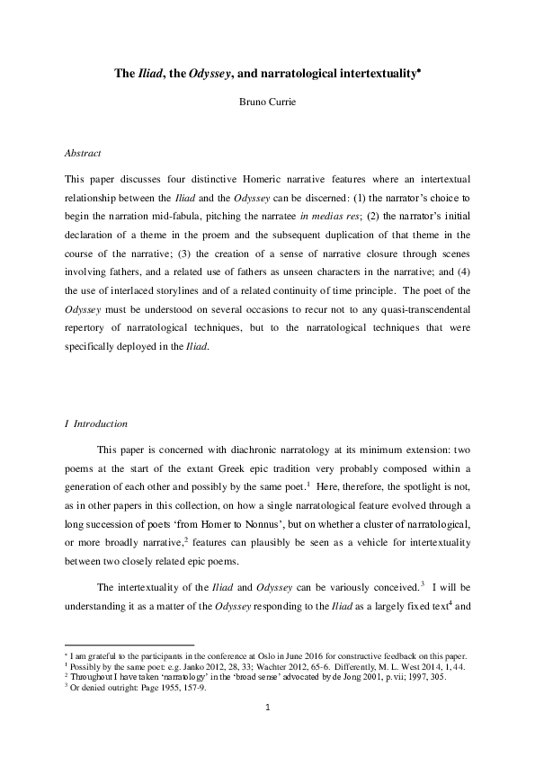 (PDF) The Iliad, the Odyssey, and Narratological Intertextuality