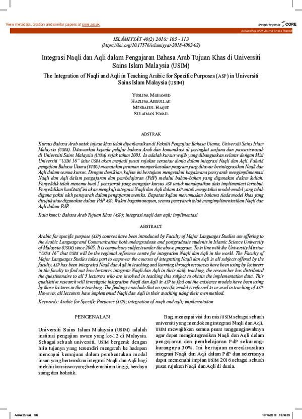 (PDF) Integrasi Naqli dan Aqli dalam Pengajaran Bahasa Arab Tujuan Khas di Universiti Sains ...