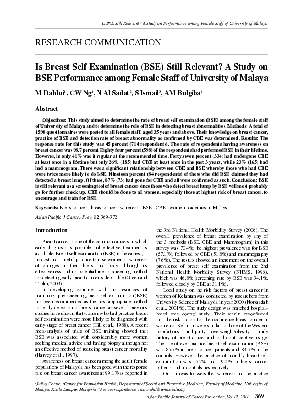 (PDF) Is breast self examination (BSE) still relevant? A study on BSE ...