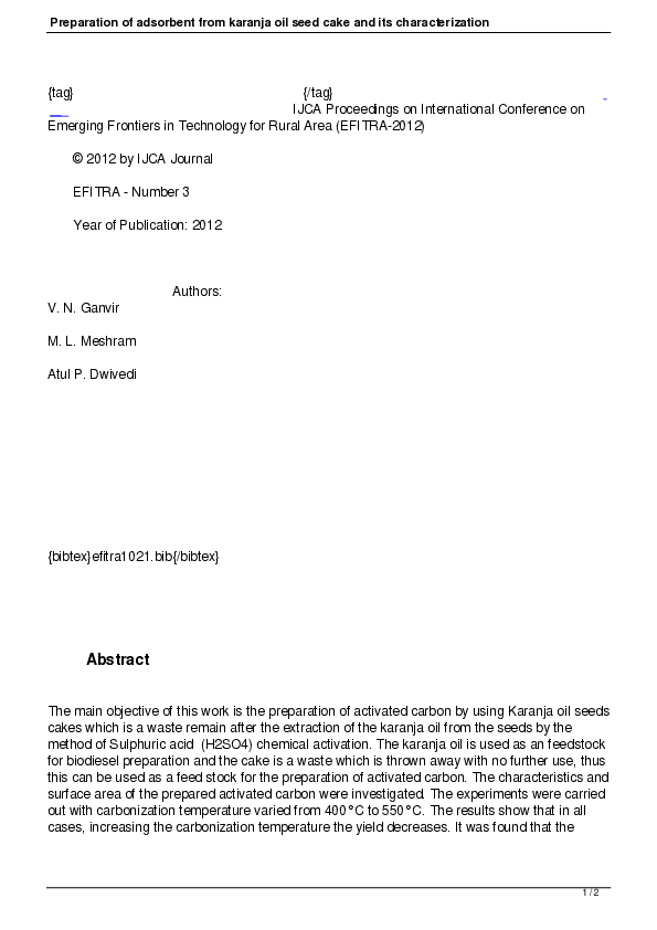 (PDF) Karanja Oil Seed Cake for Activated Carbon Prep