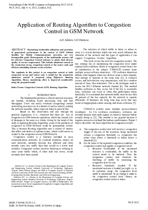 Pdf Application Of Routing Algorithm To Congestion Control In Gsm