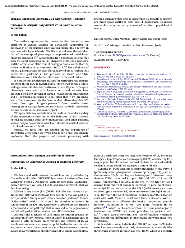 (PDF) Brugada Phenocopy Emerging as a New Concept. Response