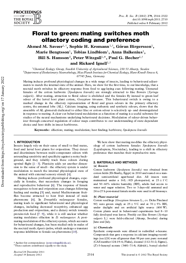 (PDF) Floral to green: mating switches moth olfactory coding and preference