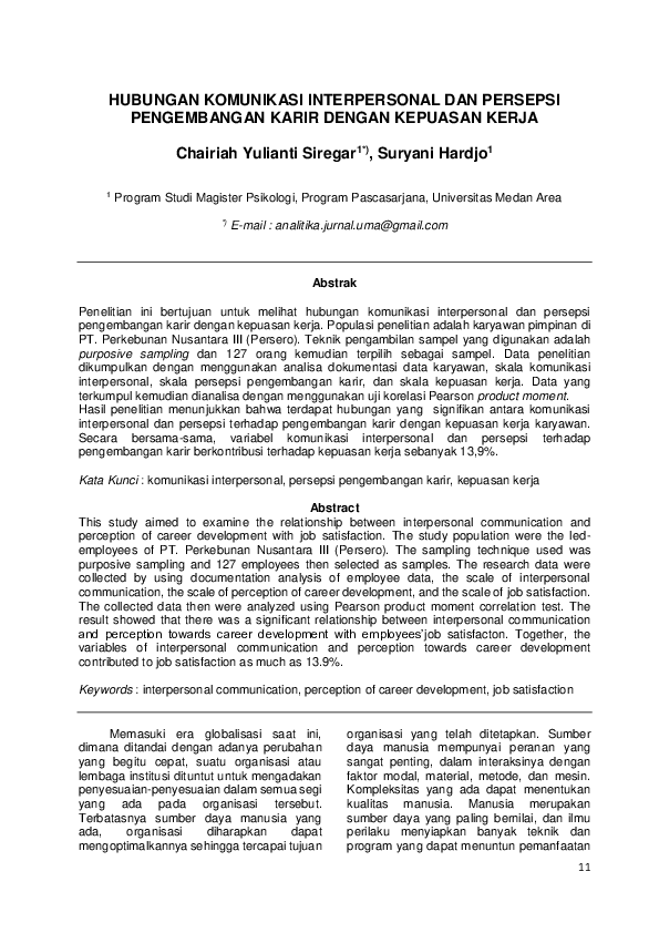 (PDF) Hubungan Komunikasi Interpersonal Dan Persepsi Pengembangan Karir Dengan Kepuasan Kerja
