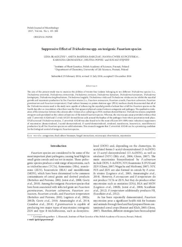 (PDF) Suppressive Effect of Trichoderma spp. on toxigenic Fusarium species