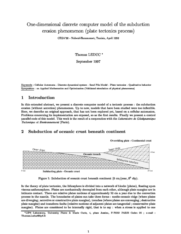 (PDF) One-dimensional discrete computer model of the subduction erosion phenomenon (plate ...