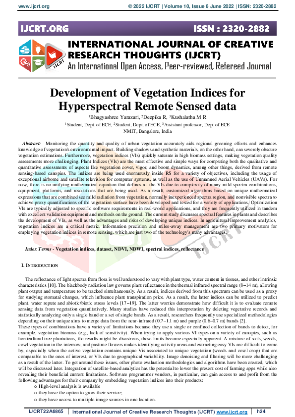 (PDF) Development of Vegetation Indices for Hyperspectral Remote Sensed data