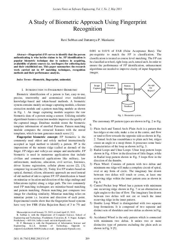 (PDF) A Study of Biometric Approach Using Fingerprint Recognition | ravi subban - Academia.edu