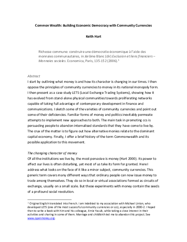 (PDF) Common Wealth: Building Economic Democracy with Community Currencies