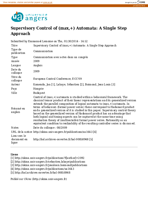 (PDF) Supervisory Control of (max,+) Automata: A single Step Approach ...