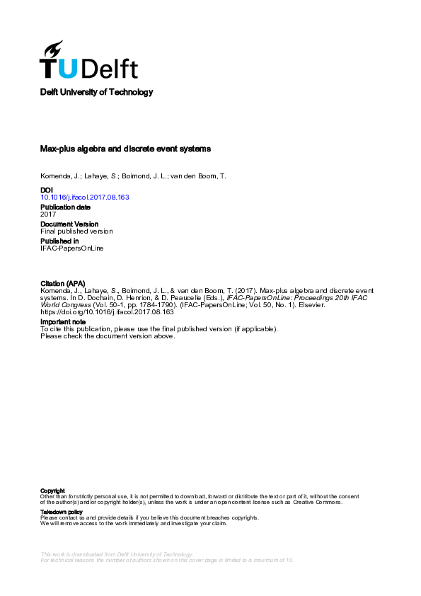 (PDF) Max-Plus Algebra and Discrete Event Systems