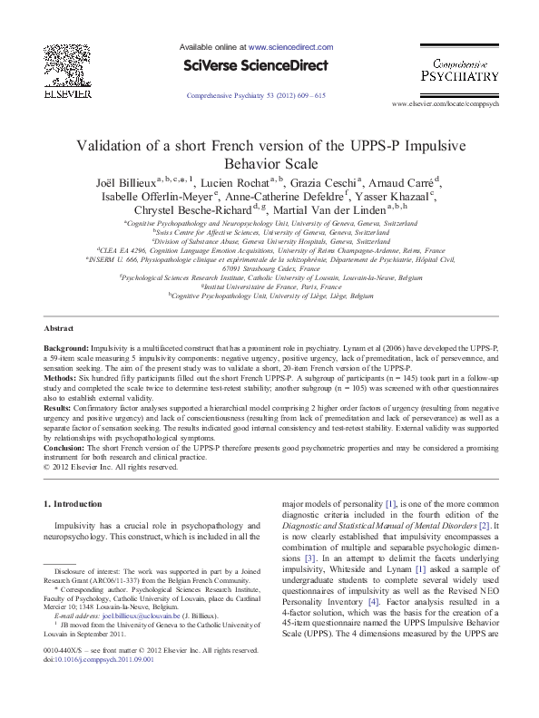 (PDF) Validation of a short French version of the UPPS-P Impulsive ...