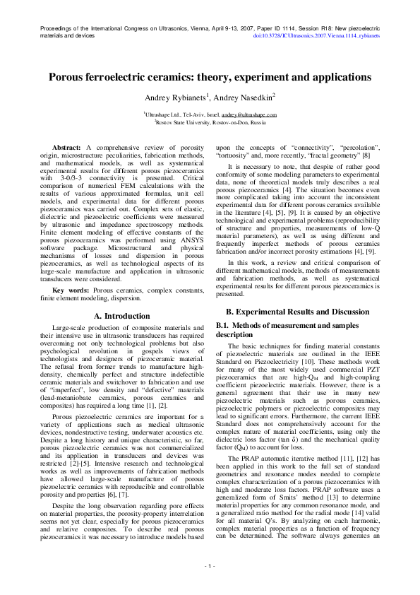 (PDF) Porous ferroelectric ceramics: theory, experiment and applications