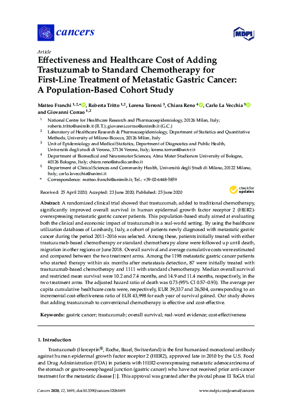 (PDF) Effectiveness and Healthcare Cost of Adding Trastuzumab to Standard Chemotherapy for First ...