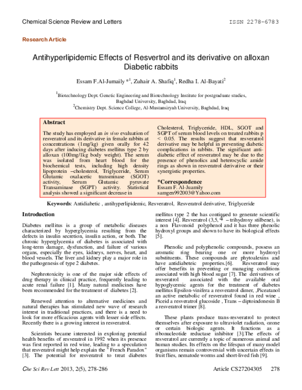 (PDF) Antihyperlipidemic Effects of Resvertrol and its derivative on ...