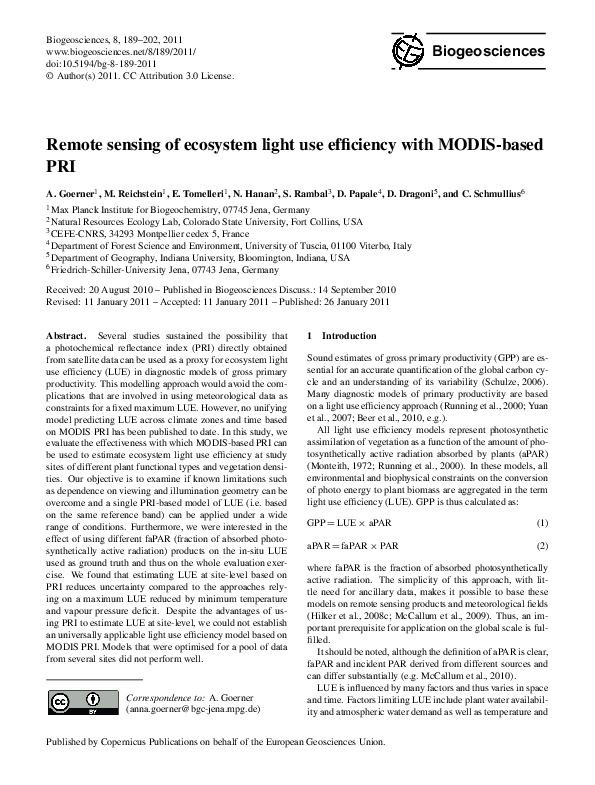 Pdf Remote Sensing Of Ecosystem Light Use Efficiency With Modis Based Pri
