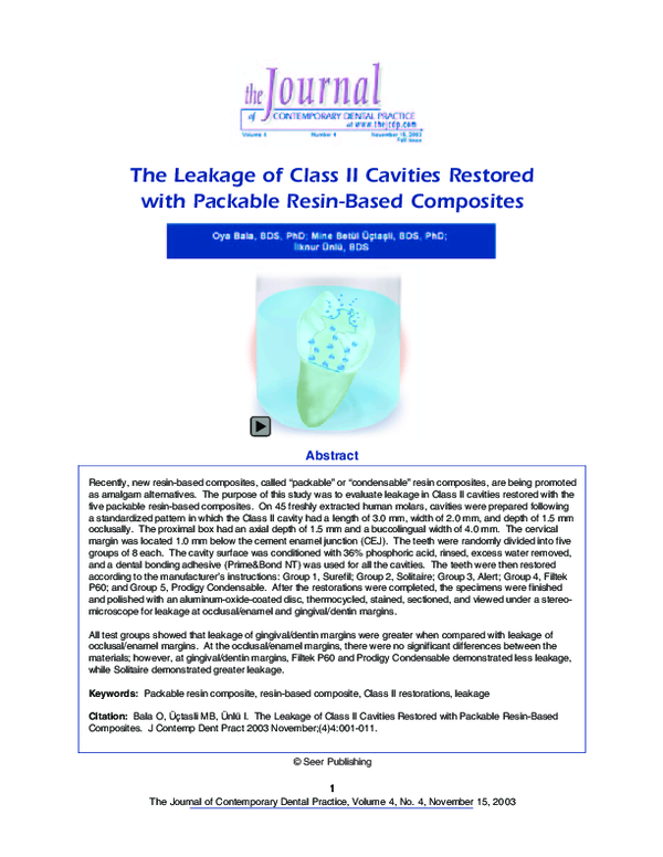 Pdf The Leakage Of Class Ii Cavities Restored With Packable Resin Based Composites