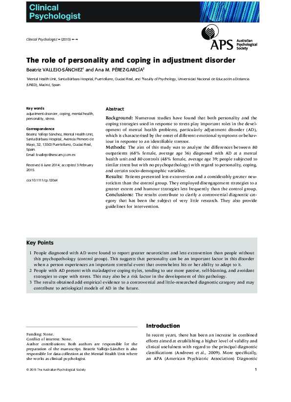 (PDF) The role of personality and coping in adjustment disorder