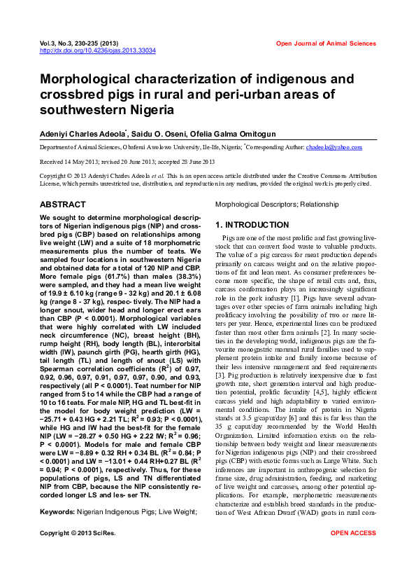 (PDF) Morphological characterization of indigenous and crossbred pigs in rural and peri-urban ...