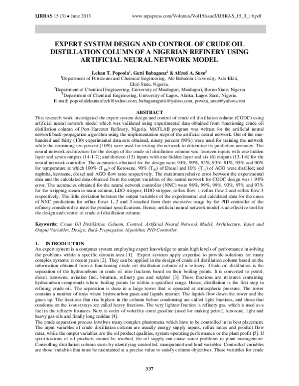 (PDF) Expert System Design and Control of Crude Oil Distillation Column of a Nigerian Refinery ...