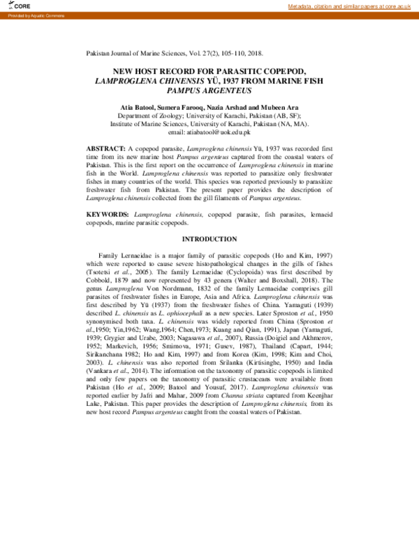 (PDF) New host record for parasitic copepod, Lamproglena chinensis Yü ...