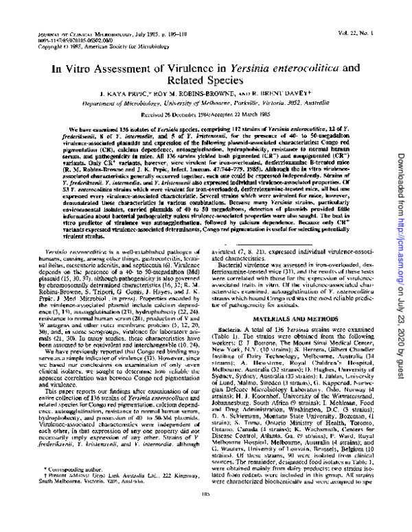 (PDF) In vitro assessment of virulence in Yersinia enterocolitica and ...