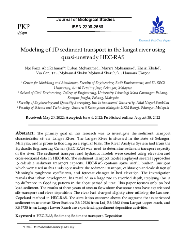 Pdf Modeling Of 1d Sediment Transport In The Langat River Using Quasi Unsteady Hec Ras