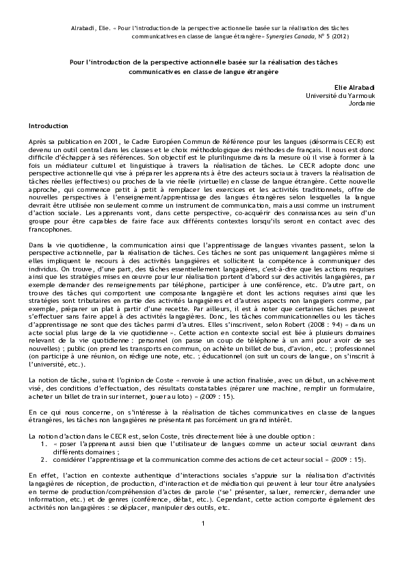 (PDF) Pour l’introduction de la perspective actionnelle basée sur la réalisation des tâches ...