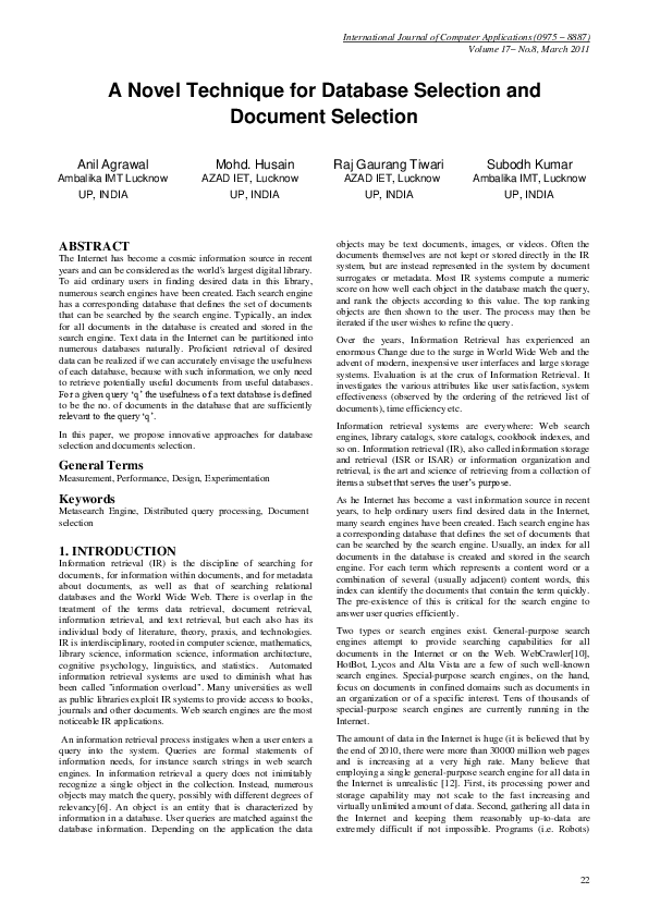 Pdf A Novel Technique For Database Selection And Document Selection
