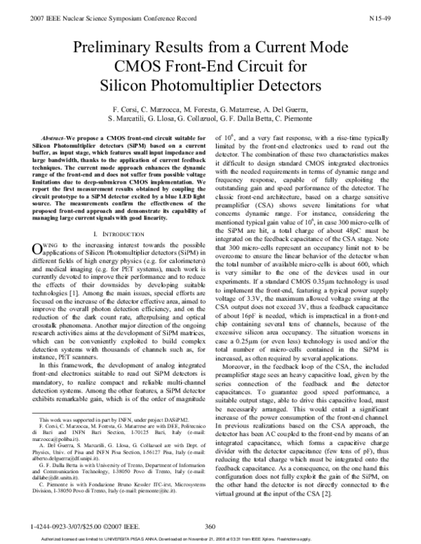(PDF) Preliminary results from a current mode CMOS front-end circuit for Silicon Photomultiplier ...