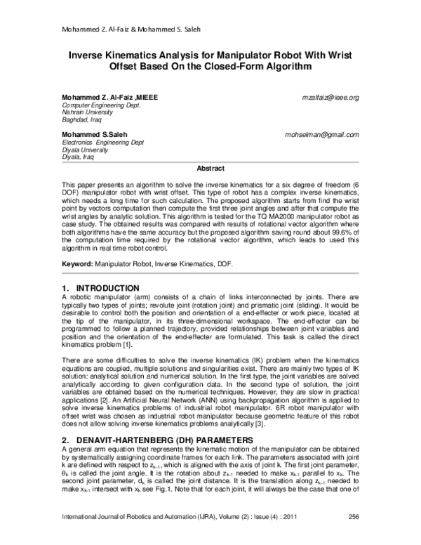 (PDF) Inverse Kinematics Analysis for Manipulator Robot With Wrist Offset Based On the Closed ...
