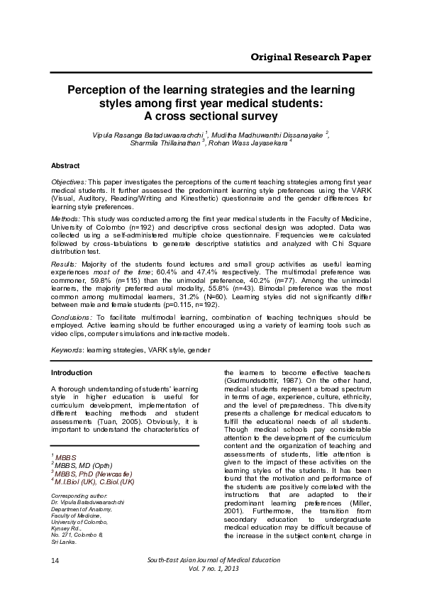 Pdf Perception Of The Learning Strategies And The Learning Styles Among First Year Medical