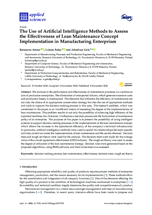 (PDF) The Use of Artificial Intelligence Methods to Assess the Effectiveness of Lean Maintenance ...