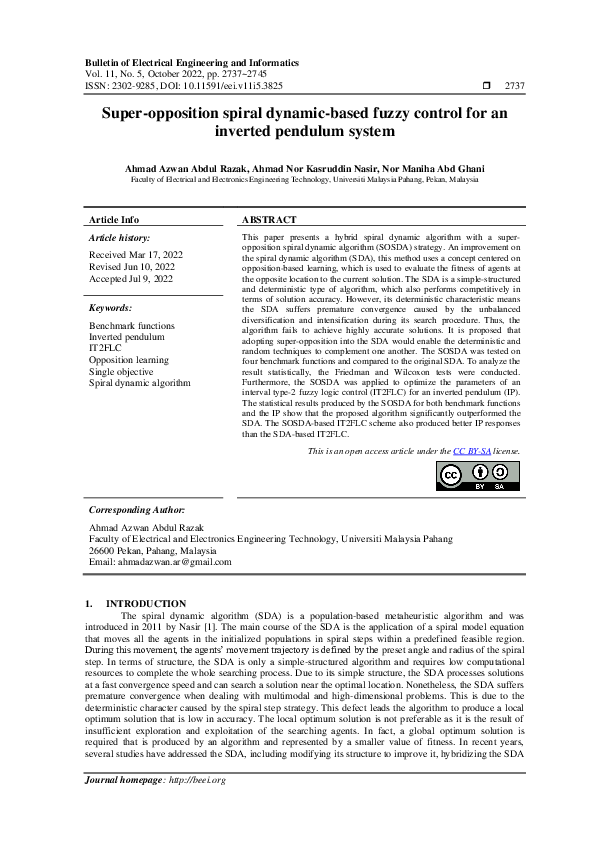 Pdf Super Opposition Spiral Dynamic Based Fuzzy Control For An Inverted Pendulum System 1492