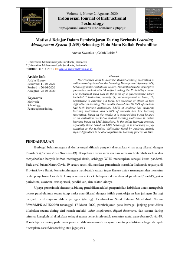 (PDF) Motivasi Belajar Dalam Pembelajaran Daring Berbasis Learning Management System (LMS ...