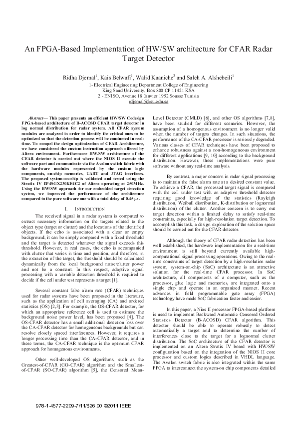 (PDF) An FPGA-based implementation of HW/SW architecture for CFAR radar ...