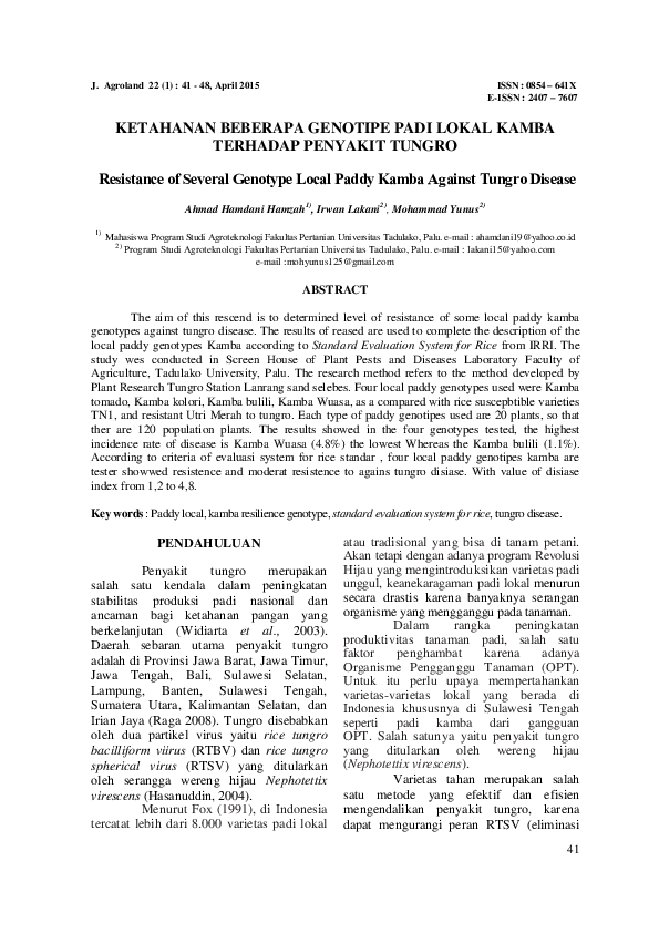 (PDF) Ketahanan Beberapa Genotipe Padi Lokal Kamba Terhadap Penyakit Tungro