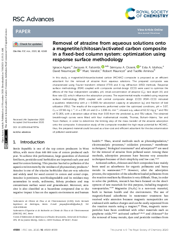 (PDF) Removal of atrazine from aqueous solutions onto a magnetite/chitosan/activated carbon ...