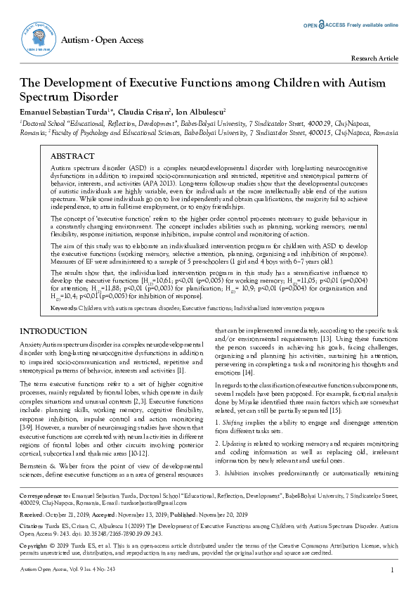 (PDF) The Development of Executive Functions among Children with Autism Spectrum Disorder | Ion ...