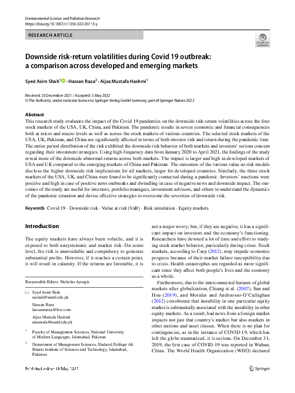 (PDF) Downside risk-return volatilities during Covid 19 outbreak: a ...