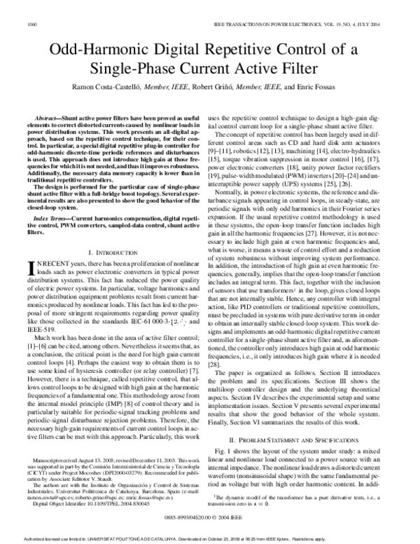 (PDF) Odd-Harmonic Digital Repetitive Control of a Single-Phase Current Active Filter