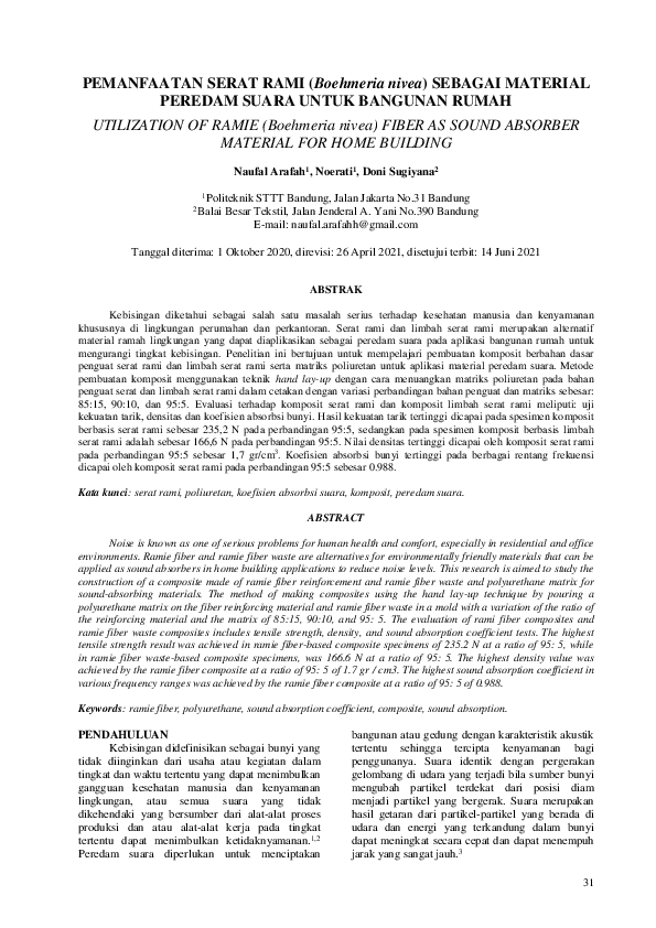 (PDF) PEMANFAATAN SERAT RAMI (Boehmeria nivea) SEBAGAI MATERIAL PEREDAM ...