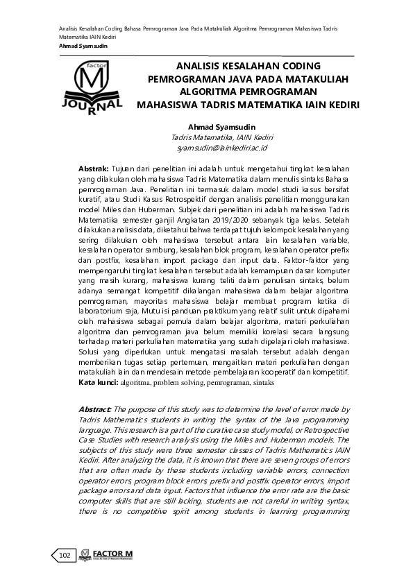 (PDF) Analisis Kesalahan Coding Pemrograman Java pada Matakuliah Algoritma Pemrograman Mahasiswa ...