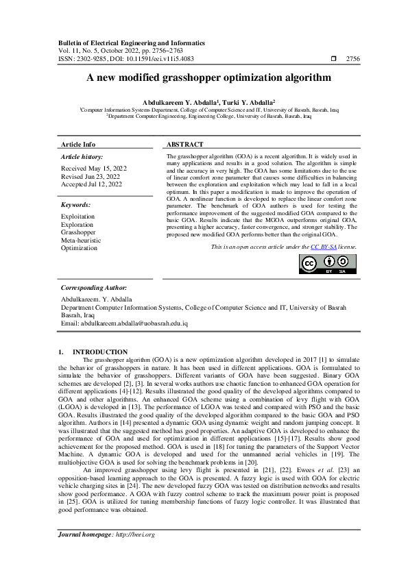 Pdf A New Modified Grasshopper Optimization Algorithm Beei Iaes