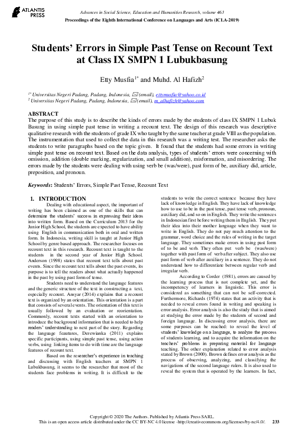 (PDF) Students’ Errors in Simple Past Tense on Recount Text at Class IX SMPN 1 Lubukbasung