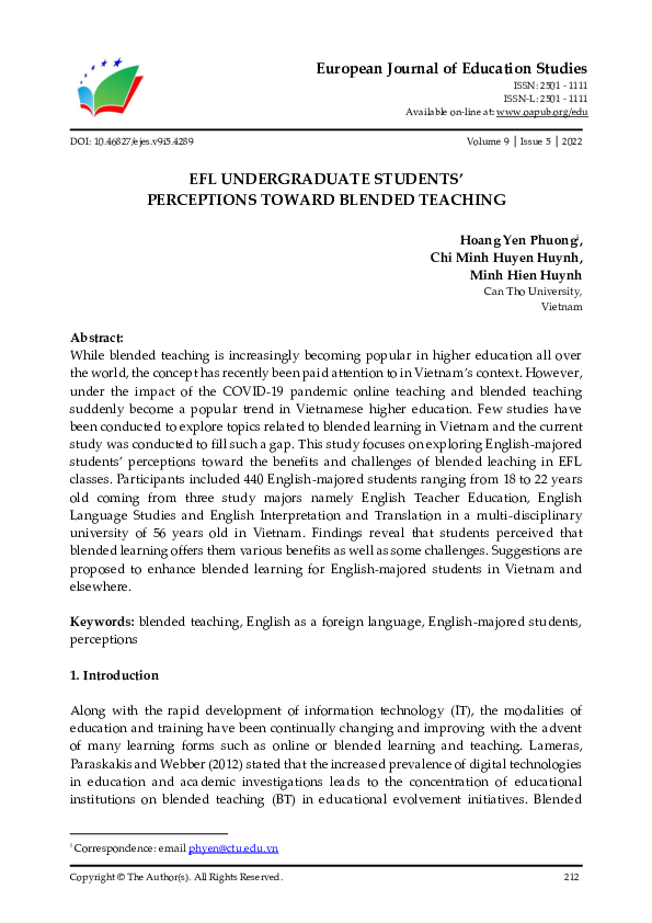 (PDF) Efl Undergraduate Students’ Perceptions Toward Blended Teaching