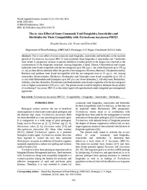(PDF) The in vitro Effect of Some Commonly Used Fungicides, Insecticides and Herbicides for ...